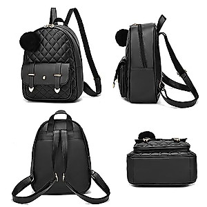 I IHAYNER Backpack Purse for Women 3PCS Leather Cute Small Backpack Purse with Pompom Mini Backpack for Women Travel Backpack (Black)