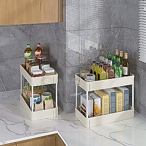 Boeeoan Under Sink Organizers Storage Rack, 2 Tier Under Bathroom Cabinet Shelf Basket, Multi-Purpose Storage Cart with Hooks for Kitchen Bathroom Bedroom Livingroom, White