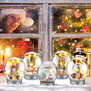 Liliful 16 Pack Christmas DIY Snow Globe Kit Including 3.58 Inch LED Plastic Snow Globe with Screw Off Cap Artificial Mini Christmas Tree Snowman Santa Deer Pine Cones and Lights