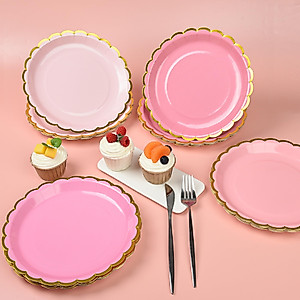 AimFun Pink Scalloped Party Plates Gold Foil Border Paper Plates Disposable 9inch Gradient Pink Plates for Pink Bow Birthday Coquette Bridal Baby Shower Party Supplies (24, Pink)