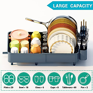 ADBIU Large Dish Drying Rack with Drainboard Set（12.8" - 20"） Expandable Compact Dish Drainer, 1 Piece Gray