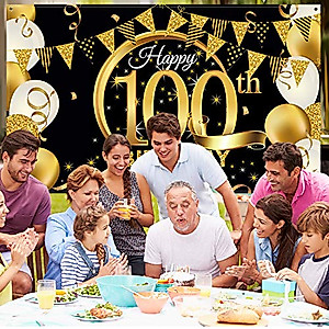 Birthday Party Decoration Extra Large Fabric Black Gold Sign Poster for Anniversary Photo Booth Backdrop Background Banner, Birthday Party Supplies, 72.8 x 43.3 Inch (100th)