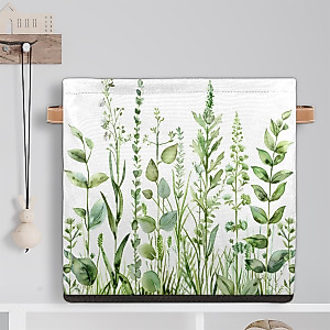 Tablerazzi Sage Green Leaves Cube Storage Bin, 13 Inch Collapsible Fabric Storage Cube Bin, Spring Eucalyptus Foldable Cube Baskets for Shelf, Closet, Organizer