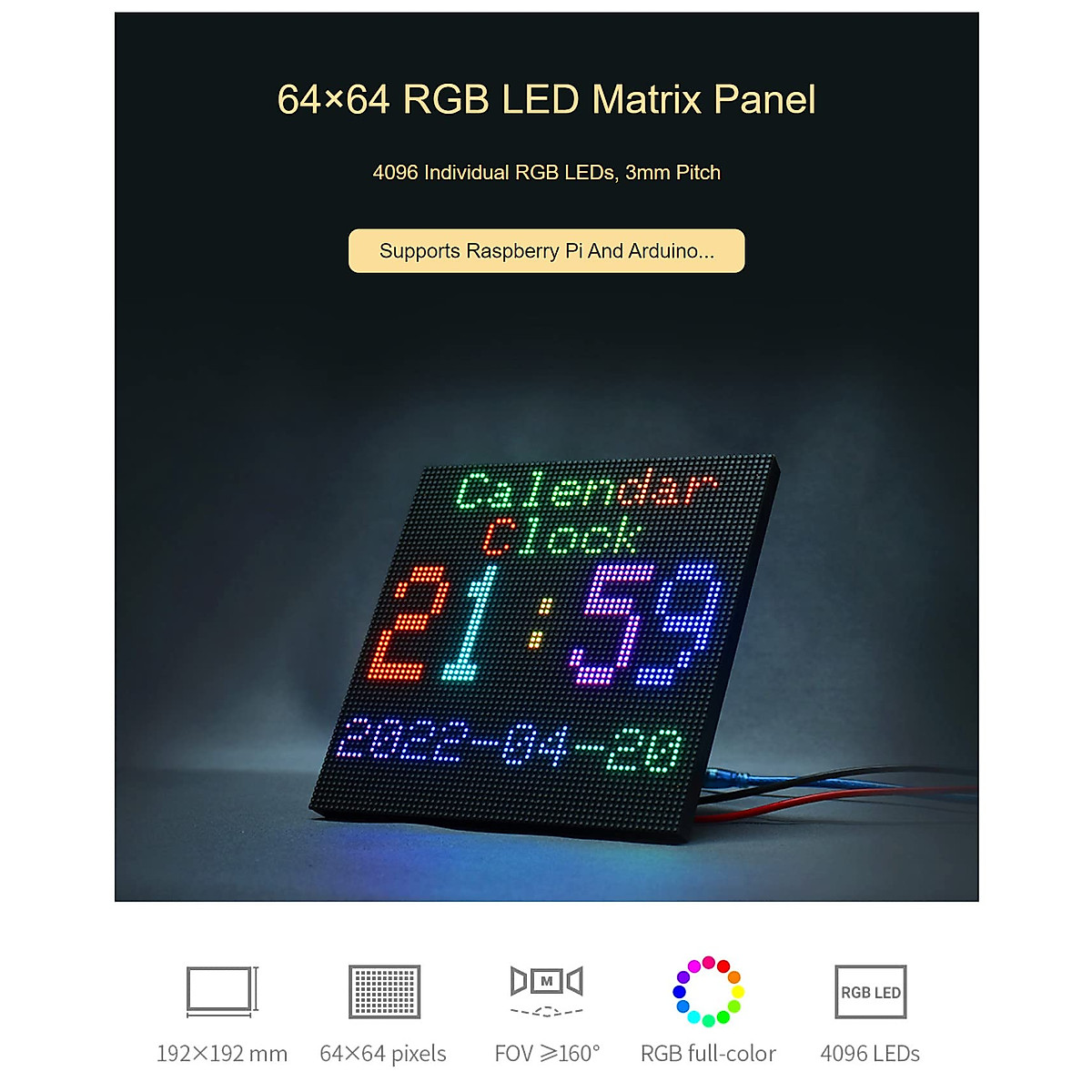 Coolwell RGB Full-Color LED Matrix Panel for Raspberry Pi and Ardui, 3mm Pitch, 64×64, 4096 Individual RGB LEDs, Brightness Adjustable