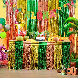 LOLStar Hawaiian Luau Party Decorations 2Pack Green Brown and Yellow Wavy Metallic Tinsel Foil Fringe Table Skirt for Rectangle and Round Table,Perfect Decor for Summer Beach Party Tropical Themed