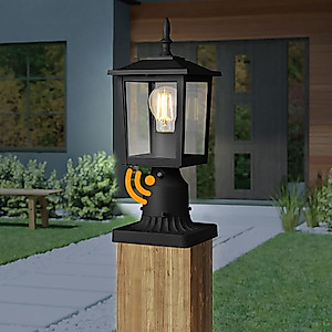 CINOTON Dusk to Dawn Outdoor Post Light Fixtures, Modern Exterior Post Lantern 6-Inch with Pier Mount Base, Aluminum Lamp with Clear Glass Waterproof for Garden Patio Pathway Deck