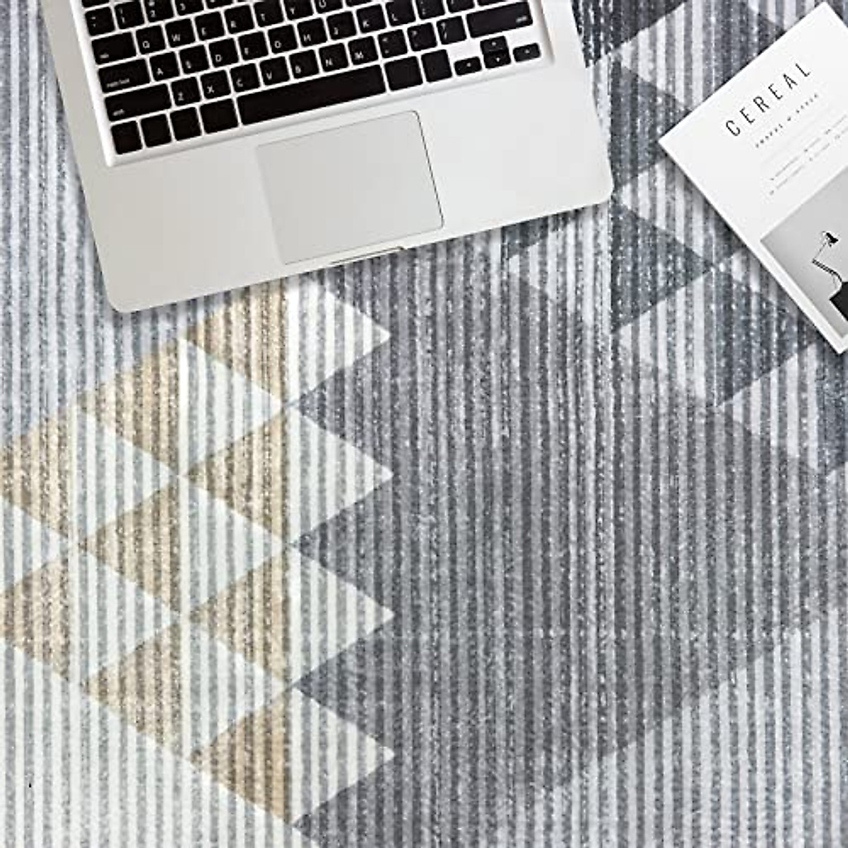 RUGSREAL Machine Washable Area Rugs Accent 8' x 10' Modern Boho Chic Velvet Floorcover Indoor Carpet Contemporary Geometric Area Rug for Living Room Bedroom Home Office, Grey and Yellow