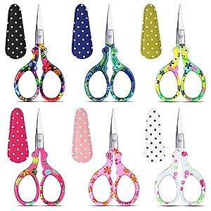 Therwen 6 Pcs 3.6 Inch Embroidery Scissors with Artificial Leather Cover Sewing Scissors Stainless Steel Vintage Craft Scissors for Crafting Threading DIY Needlework Art Manual Handicraft (Colorful)