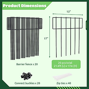 20 Pack Animal Barrier Fence: Decorative Garden Fence No Dig|Rustproof Metal Wire Fencing Border Animal Barrier for Dog Rabbits Ground Stakes Outdoor Yard Patio - Total Length 17 in(H) X 21.6 Ft(L)