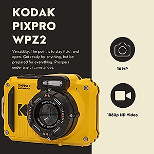 Kodak PIXPRO WPZ2 Rugged Waterproof 16MP Digital Camera with 4X Optical Zoom with Koah Nostrand Gadget Bag with Accessory Kit, 32GB UHS-I microSDHC, and Floating Strap Bundle (4 Items)
