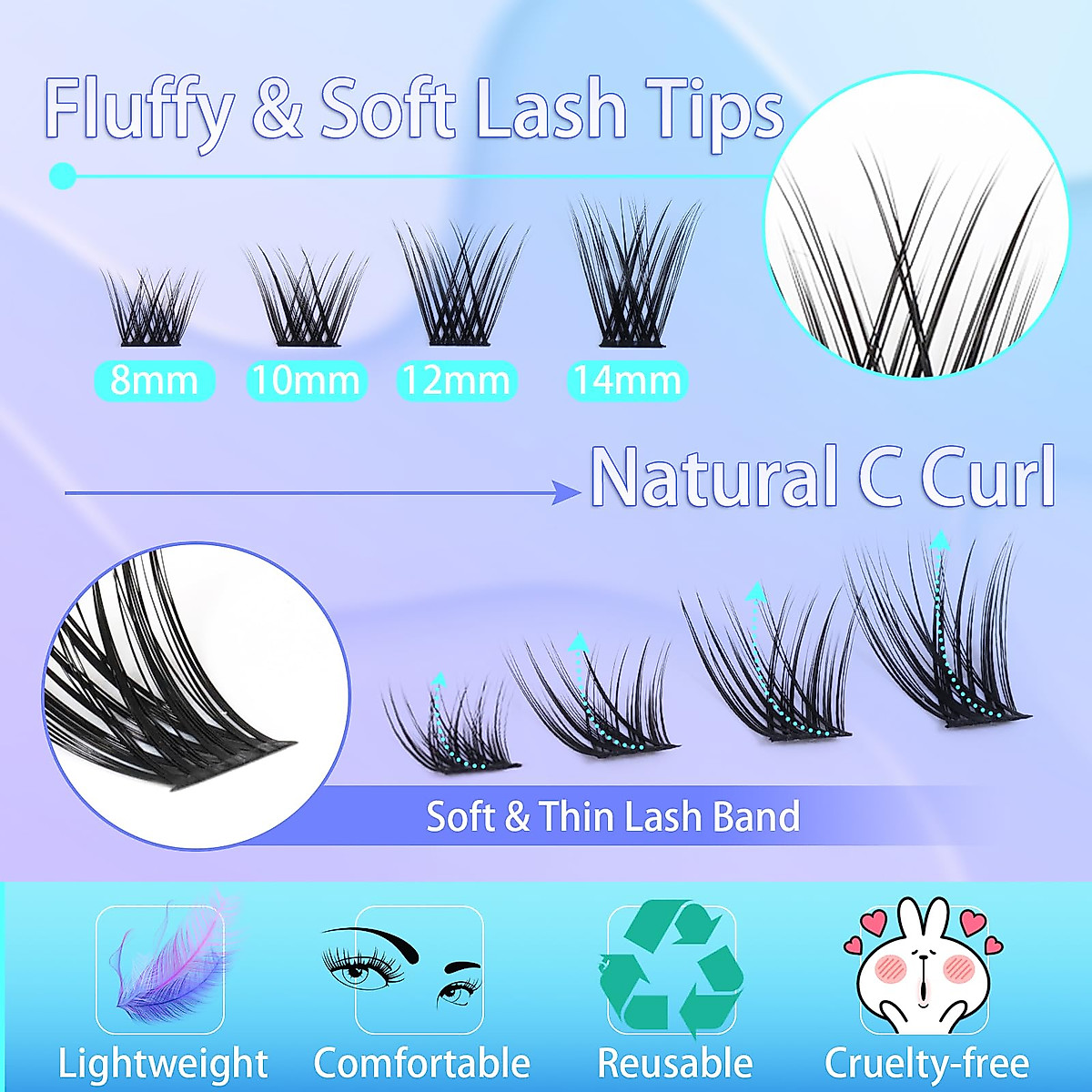 Obeyalash Natural Lash Clusters Wispy Lash Clusters Fluffy Lash Extensions C Curl 8-14mm Lash Clusters Natural Look DIY Eye Individual Lash Fox Eye False Lashes for Beginners At Home Soft Thin Band