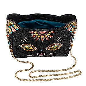 Mary Frances Purrsuasian Beaded Sugar Skull Cat Crossbody Clutch Handbag, Black
