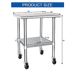 HARDURA Stainless Steel Table with Wheels 24 x 30 Inches Casters NSF Heavy Duty Commercial Work & Prep Table with Undershelf and Galvanized Legs for Restaurant Kitchen Bar and Hotel Garage