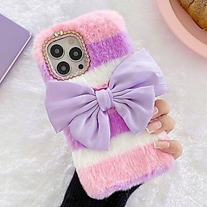 HFICY Girly Faux Fur Phone Case with 2 Pack Glass Screen Protector Films,Cute Silk Bow Soft Fluffy Furry Shockproof Protective Phone Cover for Women (Purple,for Oppo Reno 6 PRO 5G)