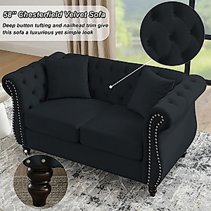 AZSJML 58.8" Chesterfield Loveseat Velvet Sofa for Living Room,Modern Upholstered 2-Seater Couch, Tufted Velvet Casual Sofa Rolled Arms and Nailhead with 2 Pillows for Bedroom, Office, Black