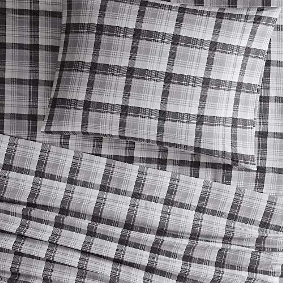 Woolrich Flannel 100% Cotton Sheet Set Warm Soft Bed Sheets with 14" Elastic Pocket, Cabin Lifestyle, Cold Season Cozy Bedding Set, Matching Pillow Case, Queen, Grey Plaid, 4 Piece