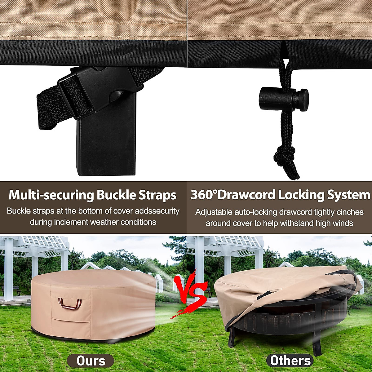 QH.HOME Fire Pit Cover 48 Inch Round - Heavy Duty 900D Strong Tear-Resistant and UV Resistant and Waterproof and Fading Resistant Material Polyester Firepit Covers Round for Outdoor Fire Pit - Wheat