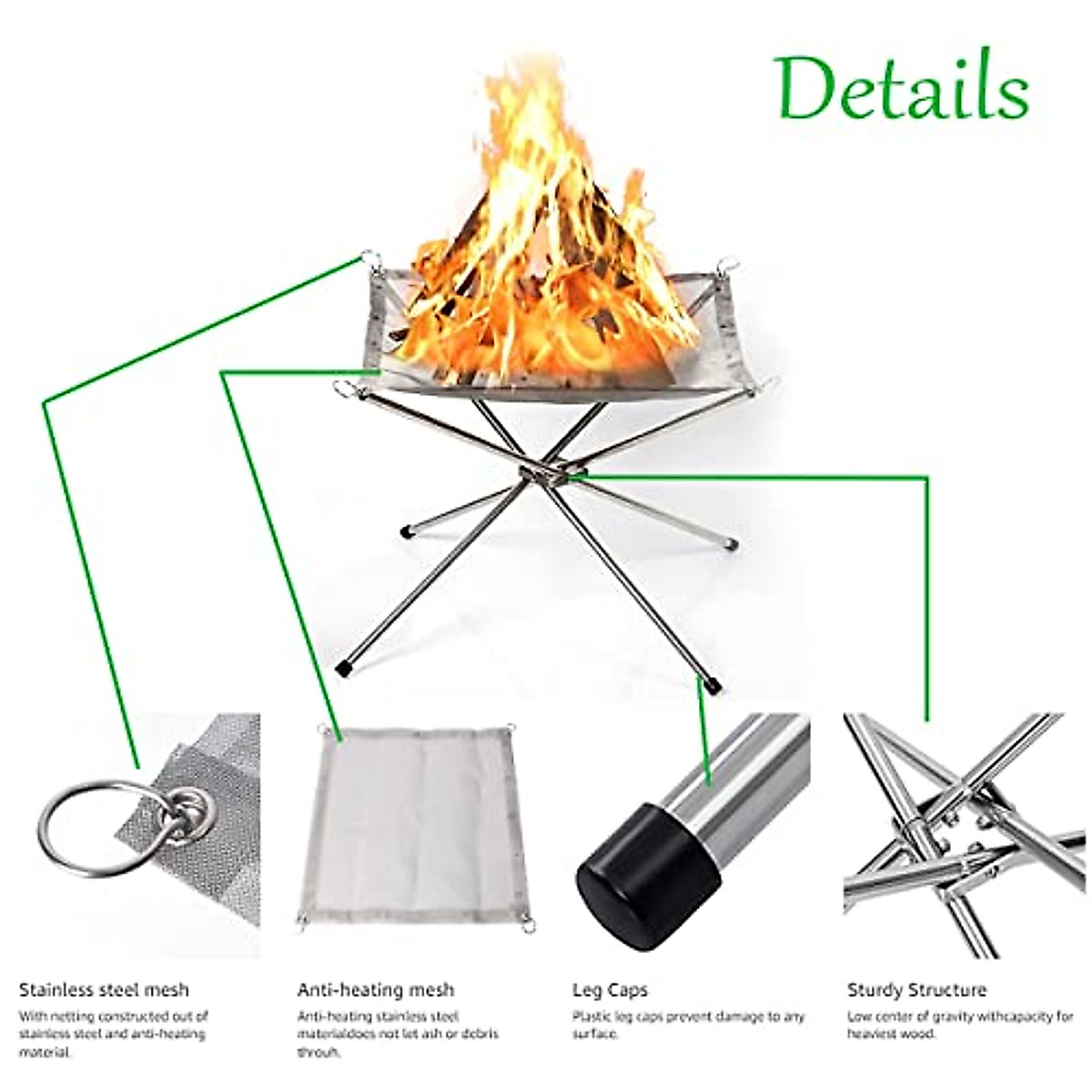 22" Portable Outdoor Fire Pit Collapsible Stainless Steel Mesh Fire Pit Collapsible Fireplace Portable Outdoor Fire Burning Table Camping Fire Grill Stainless Steel Campfire Grill Outdoor Wood Burning