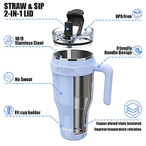 Sursip 40oz Insulated Tumbler with Handle and Flip Straw,Stainless Steel Travel Mug 2 in 1 Straw Lid-Leak Proof Keeps Drinks Cold for 24 Hours-Sweat Proof,Fit in Cup Holder-Black