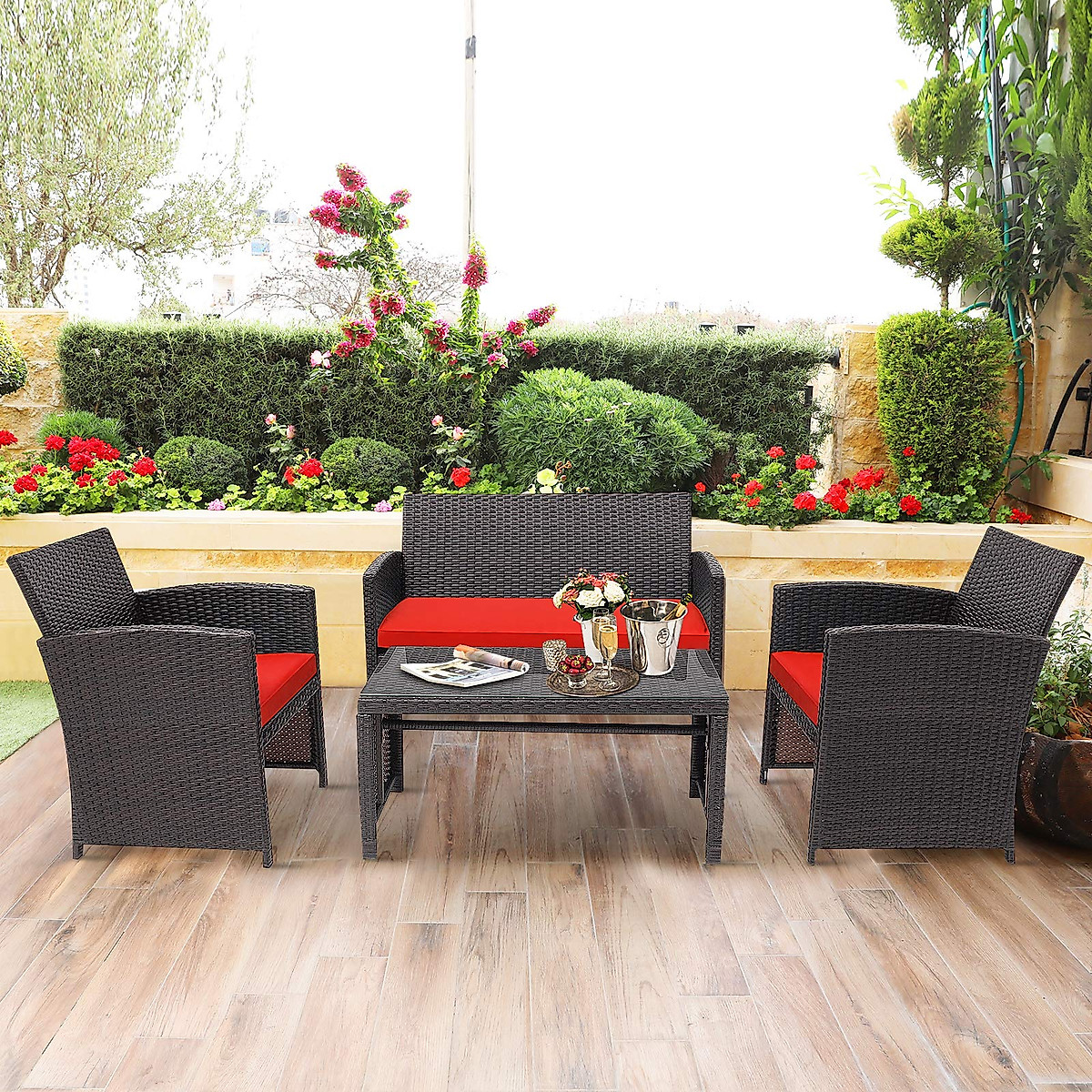 HAPPYGRILL Set of 4 Rattan Conversation Set Outdoor Wicker Furniture Set with Tempered Glass Coffee Table, Soft Cushions, Weather-Resistant Rattan Chair Set for Garden Backyard Poolside