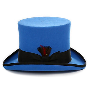 Ferrecci 100% Wool Top Hat with Grosgrain Ribbon and Removable Feather Blue/Black Tall Tophat - Unisex, Men, Women