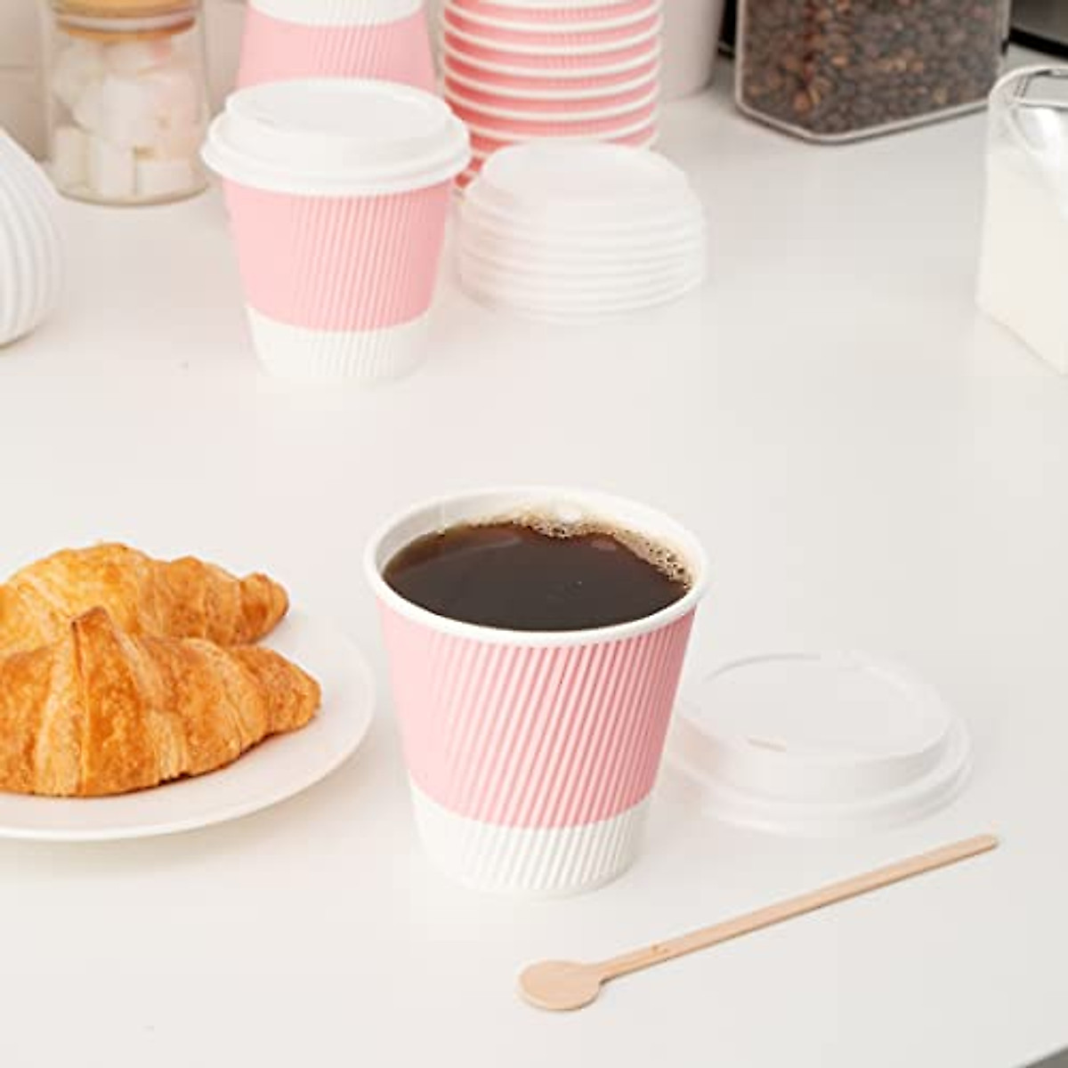 8 Ounce Disposable Coffee Cups, 500 Double Wall Hot Cups For Coffee - Lids Sold Separately, Rippled Wall, Light Pink Paper Insulated Coffee Cups, For Coffee, Tea And More-Restaurantware