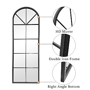ZMYCZ Floor Full Length Mirror, Black Arched-Top, Large Window Pane Mirror, Wall Mounted Mirror, 65"x22" Standing Mirror Hanging or Leaning, Body Mirrors for Bedroom, No Stand