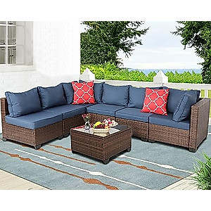 HTTH Patio Furniture Sets Outdoor Furniture Outdoor Rattan Wicker Conversation Sofa Garden Sectional Sets with Washable Cushions Coffee Table (Mix-Blue)