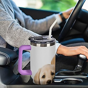 LLUTSNTH 40 Oz Vacuum Tumbler with Violet Handle Leakproof Insulated Tumbler Funny Labrador Puppy Dog Stainless Steel Travel Mug with Lid And Straw Coffee Cup Cute Water Bottles Cup Holder Friendly