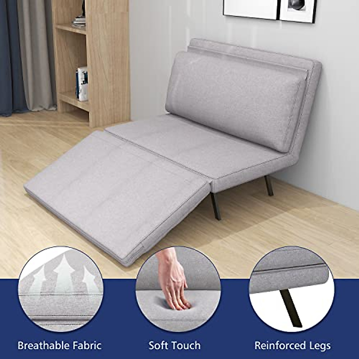 VANCIKI Convertible Sofa Bed Twin Living Room Couch Futon Chair Adjustable Backrest Foldable Floor Sleeper for Small Room, Apartment, Guest Room, Gray