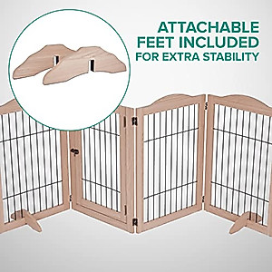 Arf Pets Freestanding Dog Gate with Door, 4 Panel 360° configurable Wooden Wire Fence, 89" Wide, 31.5" Tall, Foldable, Support Feet Included, for The House - Indoor Use