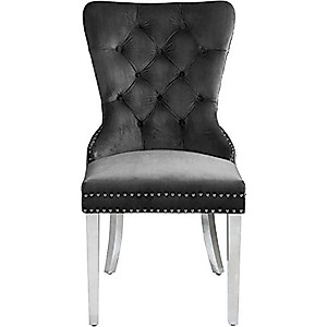 Meridian Furniture Carmen Collection Modern | Contemporary Velvet Upholstered Dining Chair with Button Tufting and Chrome Metal Legs, Set of 2, Grey, 21.5" W x 27" D x 39.5" H