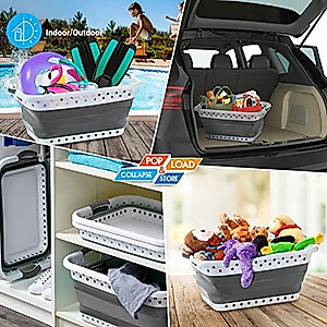 Pop & Load Collapse & Store 1 Large 25" Slim Collapsible Plastic Laundry Basket, Space Saving Portable Pop Up Storage & Organization Basket, 3" High When Folded, Dual Comfort Grip Handles, Grey