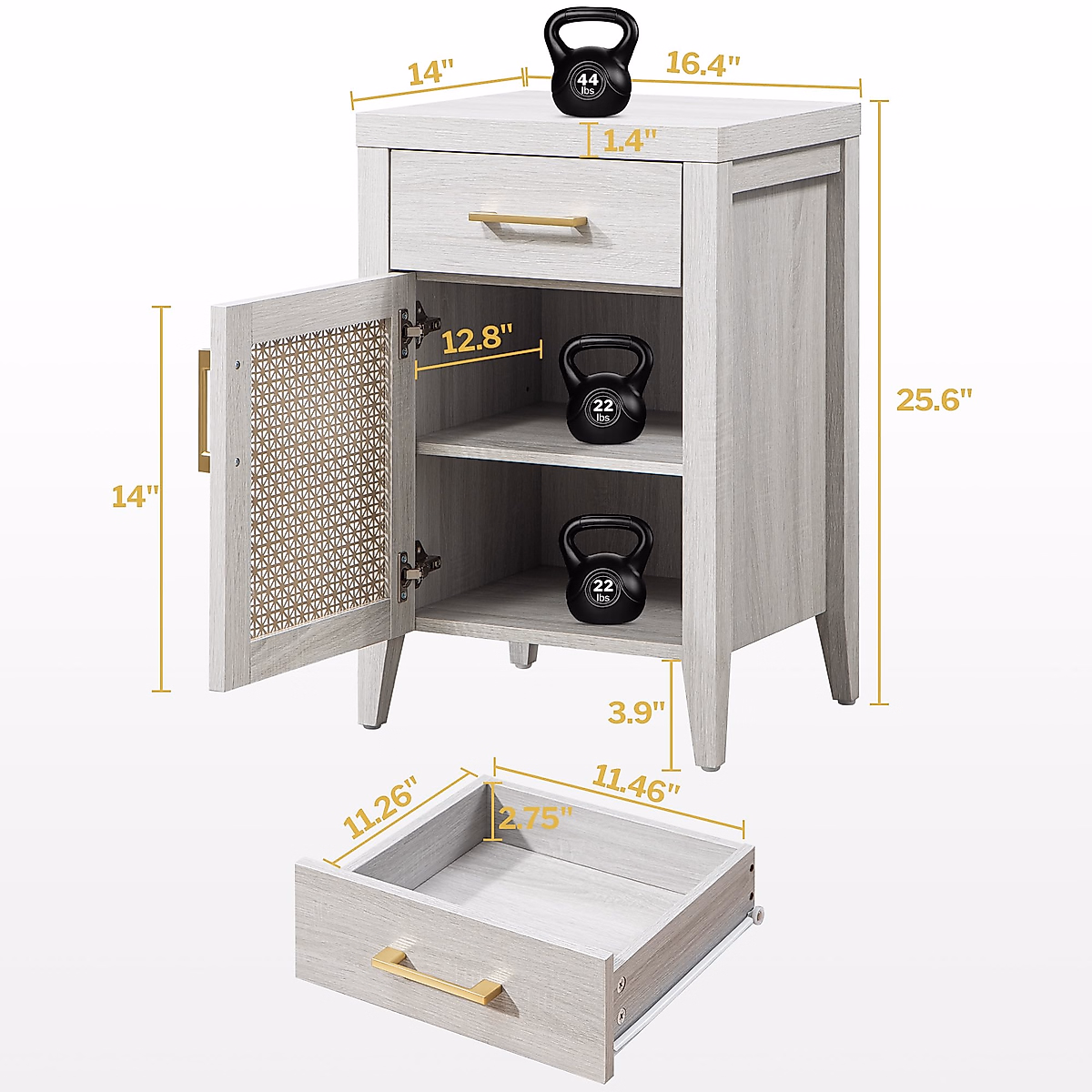 SICOTAS Tall Nightstands with Drawer, Modern Farmhouse Night Stand Wood Bedside Tables with Gold Mesh Door Adjustable Storage Shelf, Side End Table for Bedroom Living Room, Whitish-Gray Oak