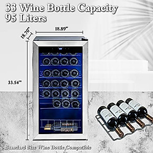 Smad Wine Fridge, 33 Bottle Wine Cooler Refrigerator, 19 Inch Freestanding Wine Fridge with Digital Temperature Display and Glassdoor, 3.5 cuft, Stainless Steel