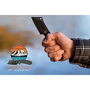 Off-Grid Knives - Cleaver V2 Folding Knife, D2 Tumbled Black Cleaver Blade, G10 Scales, Ceramic Ball Bearings, Left & Right Hand Carry