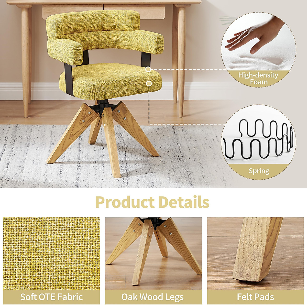 Art Leon Mid Century Modern Chair - Home Office Desk Chair No Wheels, Swivel Accent Chair with Oak Wood Legs, OTE Fabric Upholstered Side Arm Chair for Living Room Bedroom, Yellow