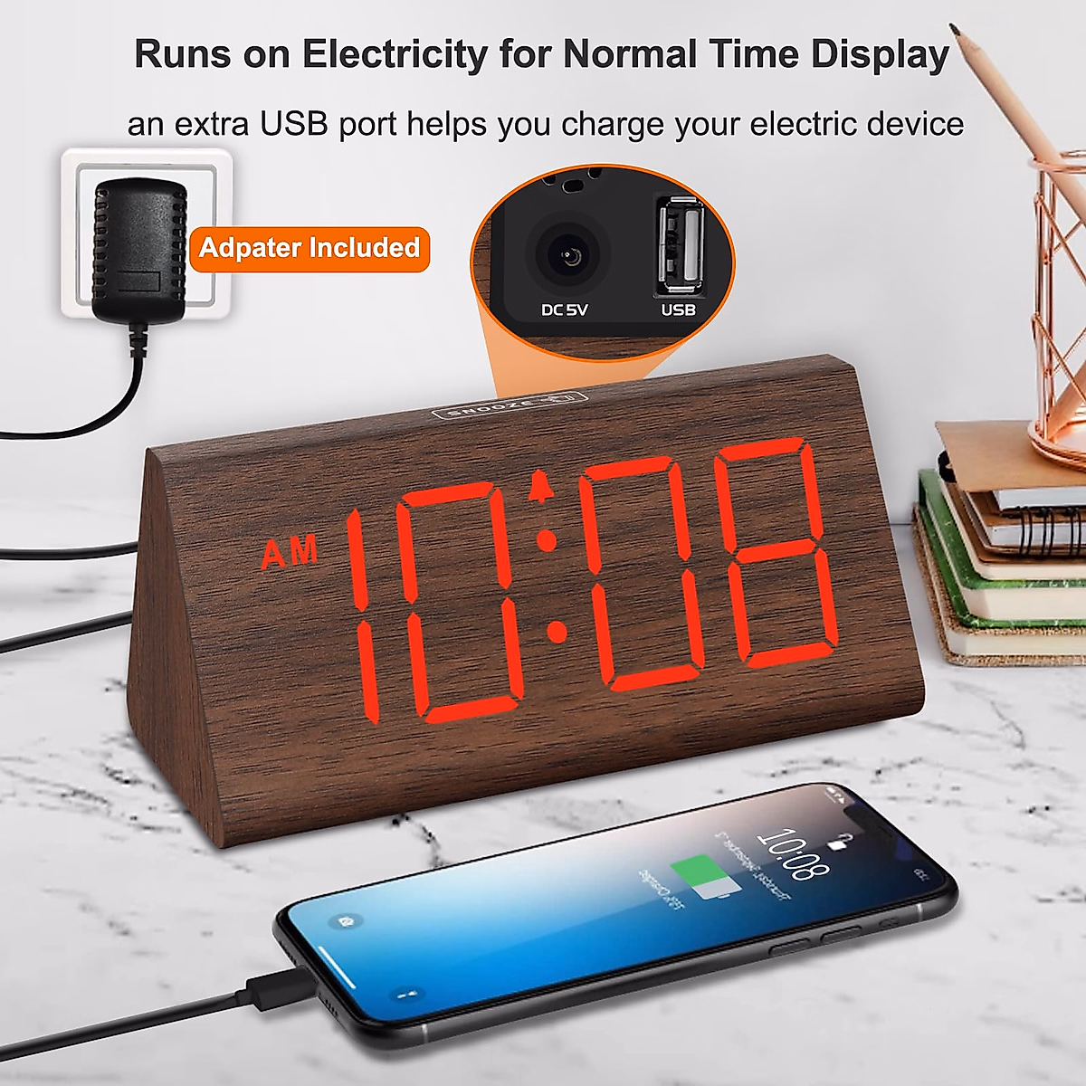 DreamSky Wooden Digital Alarm Clocks for Bedrooms - Electric Desk Clock with Large Numbers, USB Port, Battery Backup Alarm, Adjustable Volume, Dimmer, Snooze, DST, 12/24H, Living Room Wood Décor (Red)