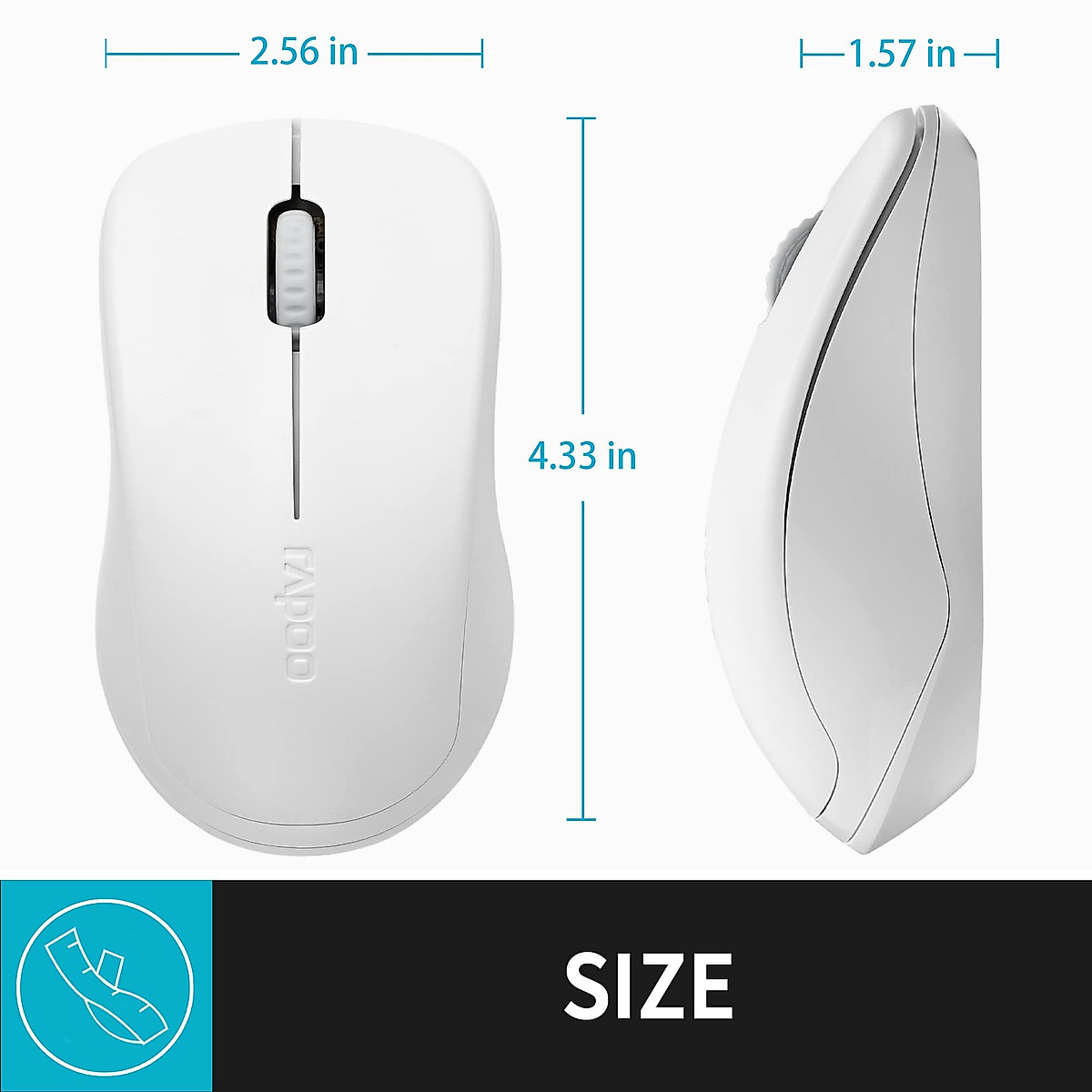 Rapoo 1680 Silent Wireless Mouse, 2.4GHz Cordless Mouse with USB Receiver, 1K DPI, 3 Buttons Computer Mouse with 12M Battery Life, Ambidextrous Computer Mice for PC/Tablet/Laptop, White