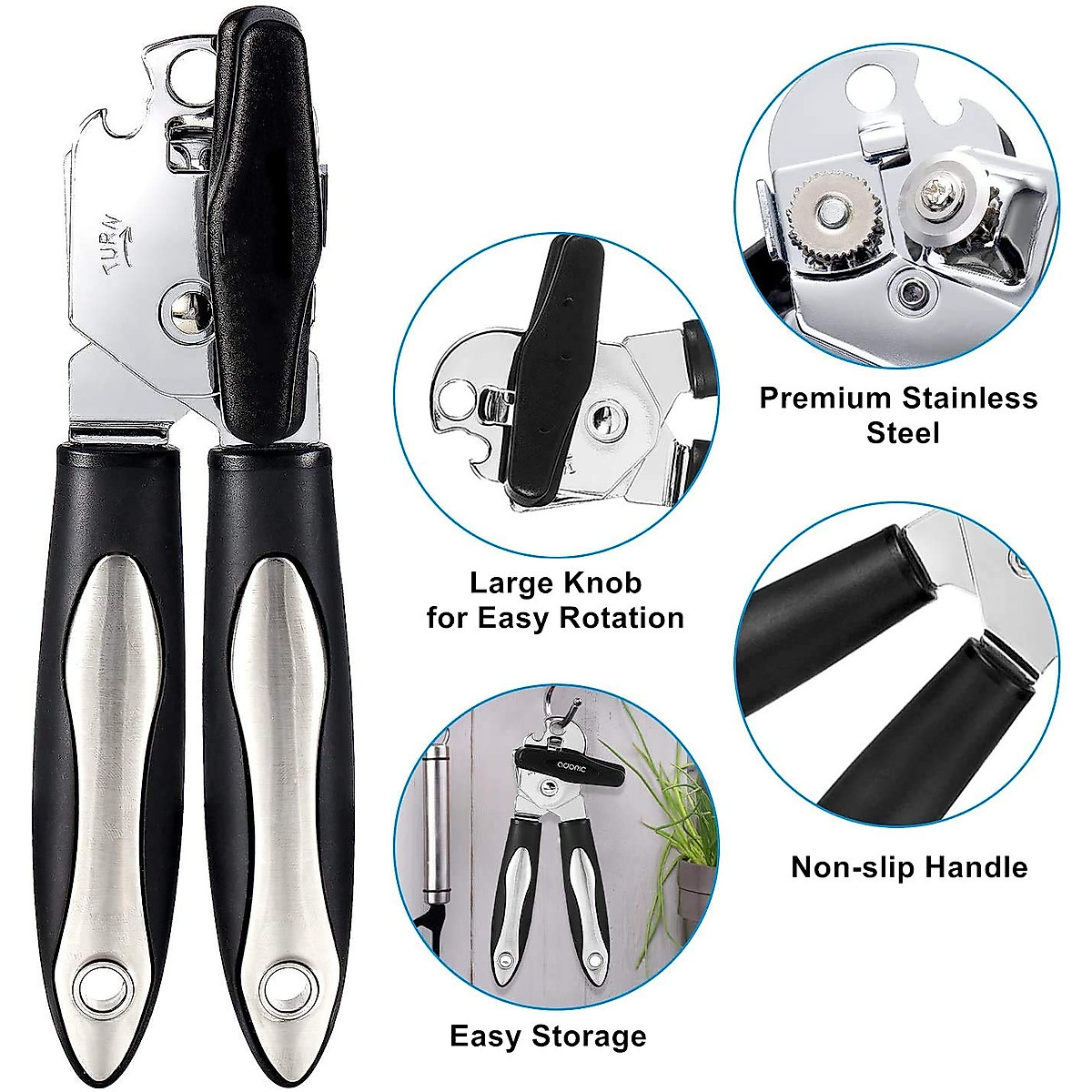 Chirano Can Opener, 3-in-1 Manual Can Openers, Jar Opener and Bottle Opener in One (Black and Silver)