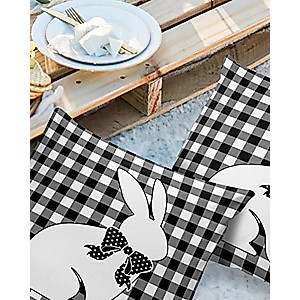 Outdoor Waterproof Throw Pillow Covers 2 Pack Rabbit Easter Bunny Point Bow Square Couch Sofa Cushion Cases White Black Checker Pillowcase Shell for Patio Garden Home Decoration