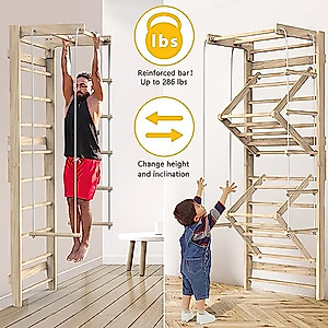 Jungle Gym, Wooden Swedish Wall Ladder Stall Bars Set, Indoor Playground Climbing Toys for Toddlers, Toddler Climbing Toys Indoor, Stall Bars for Exercise for All Family All Ages Training Stretching