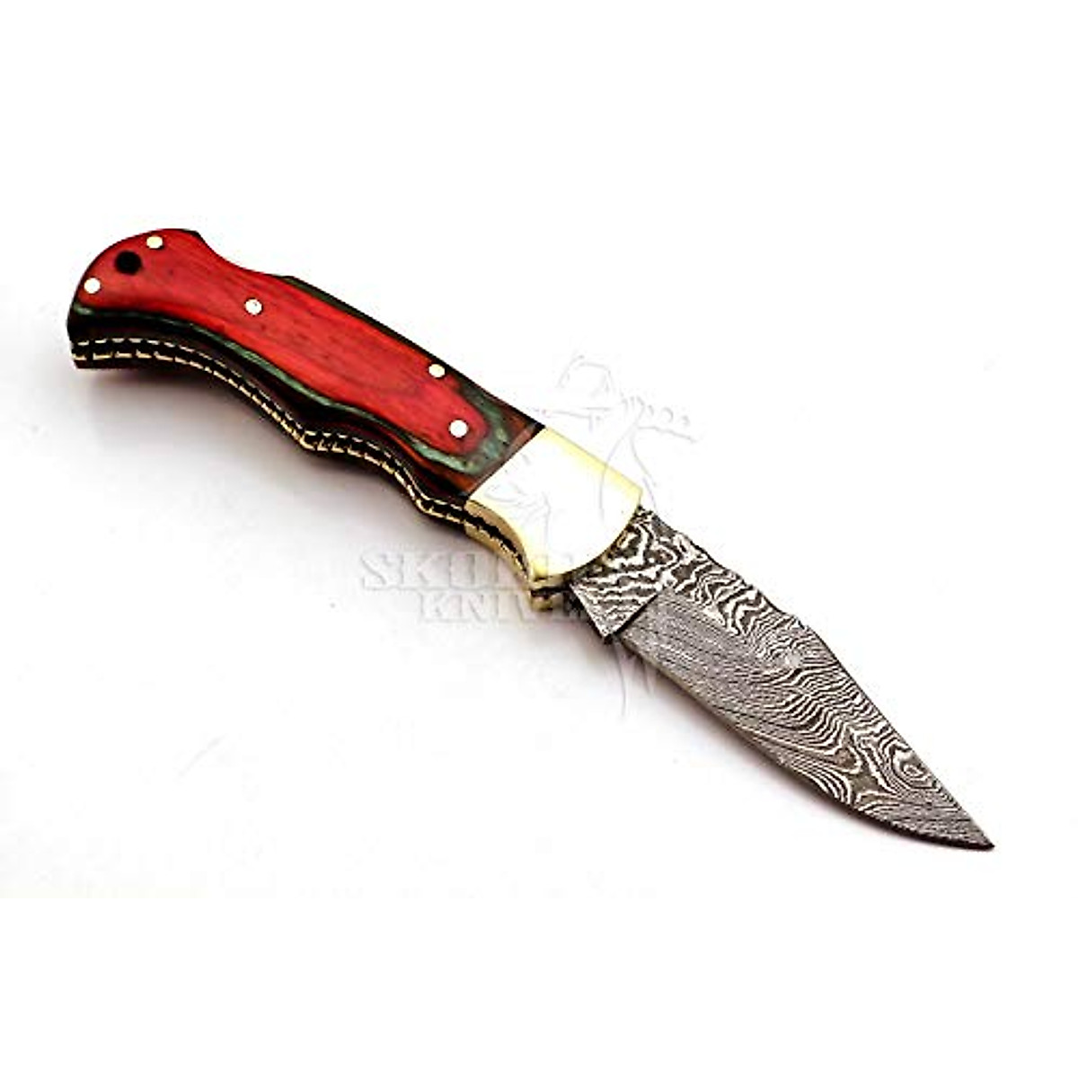 Skokie Knives Custom Hand Made Damascus Steel Hunting Folding Knife Handle Pakka Wood