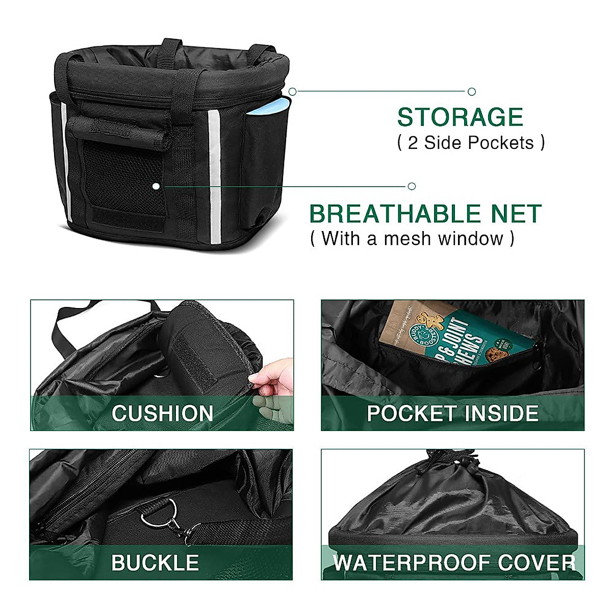 ANZOME Deluxe Pet Bike Basket, Adjustable Fit Front Handlebar Carrier with Reflective Stripes, Seatbelt, Breathable Mesh and Soft Mat for Small Pets, Quick Release