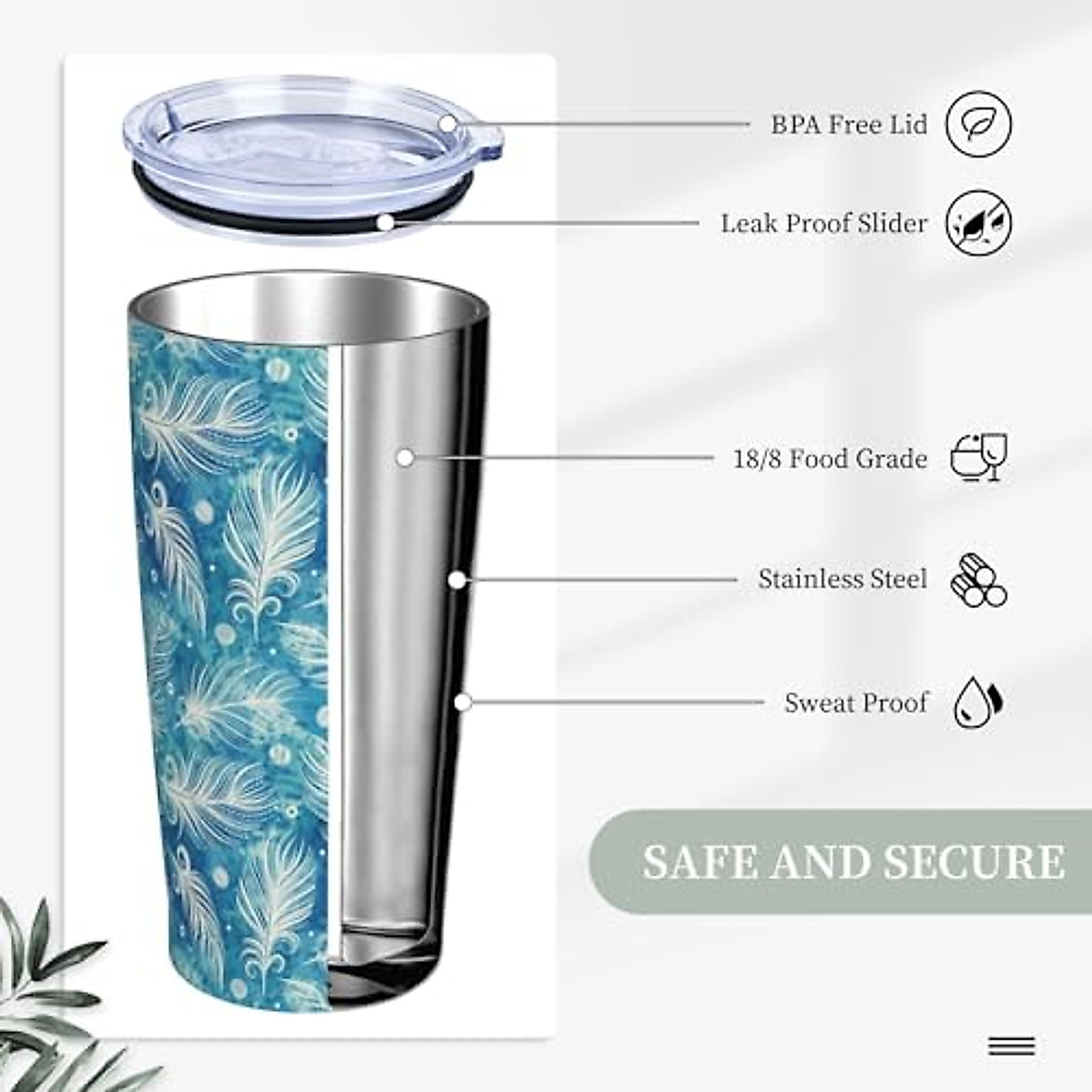 Yaxongx 20oz Tumbler Watercolor Feather Double Wall Vacuum Insulated Coffee Mug with Lid and Metal Straw Brush Reusable Stainless Steel Water Bottle Travel Cup Gifts for Car Ice Drinks Hot Beverage
