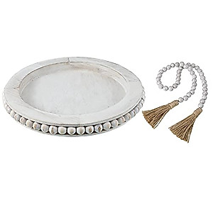 Wood Beaded Tray and Wood Bead Tassels Garland Decorative Farmhouse Style Distressed Whitewashed Wooden Tray for Kitchen Counter or Serving Tray (Classic Style)