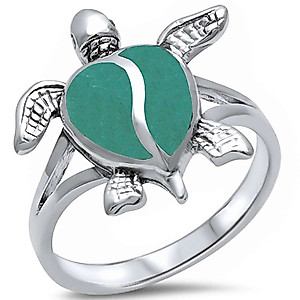 Oxford Diamond Co Green Turquoise Turtle .925 Sterling Silver Ring Sizes 9