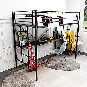 HAHRIR Metal ​Loft Bed Multifunctional Modern Loft Bed ,with Desk and with Length Guardrails Twin Size Black