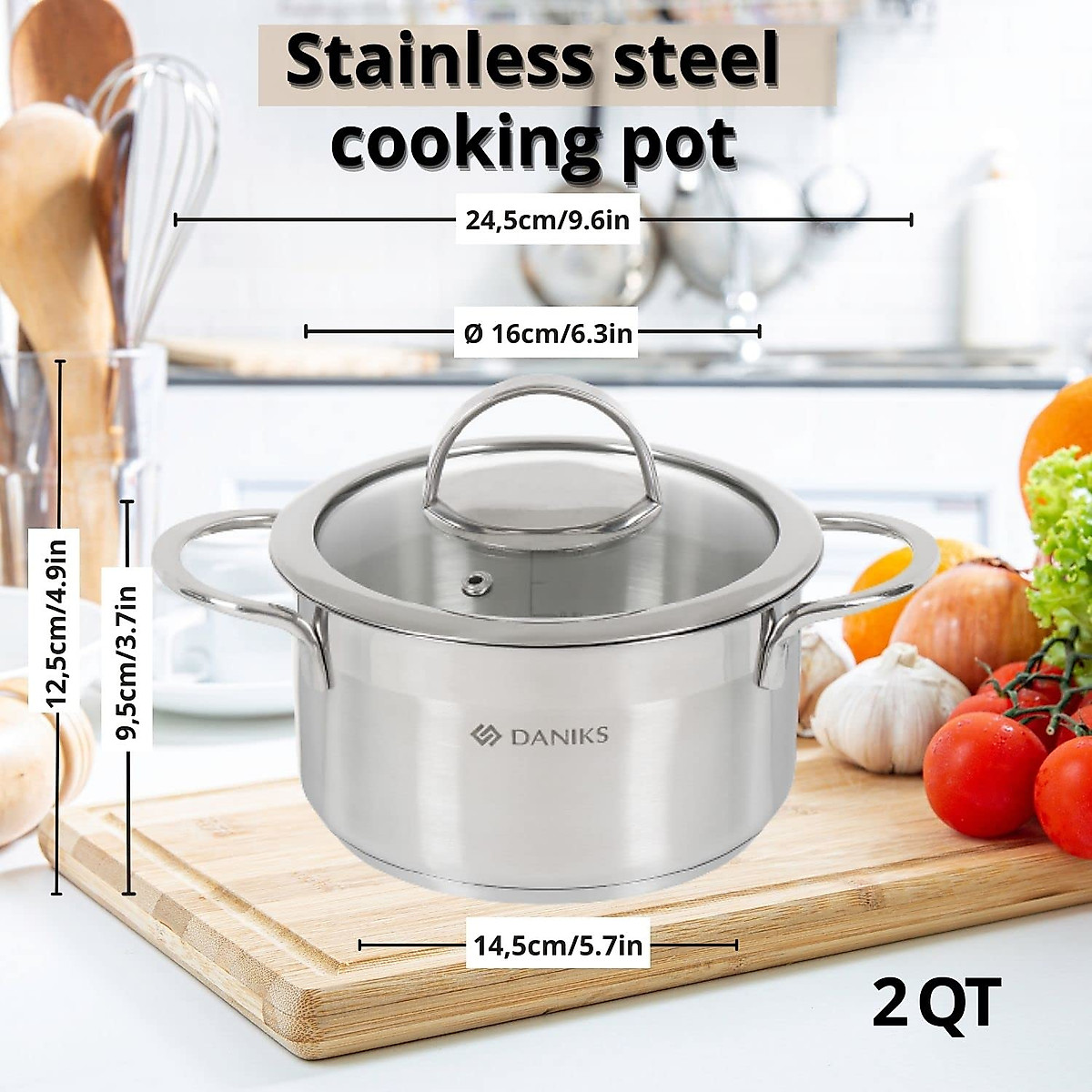 Daniks Bonn Stainless Steel Stock Pot with Glass Lid | Induction 2 Quart | Dishwasher Safe Pot | Measuring Scale | Soup Pasta Stew Pot | Silver