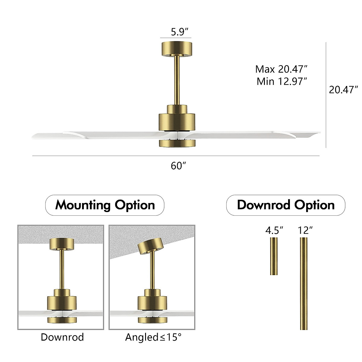 ELEHINSER 60" Modern Ceiling Fan with Lights and Remote Control, 5 Solid Wood Blades 6-Speed Noiseless Reversible DC Motor, Ceiling Fan for Bedroom Dinning Living Room, Gold Finish with White Blade
